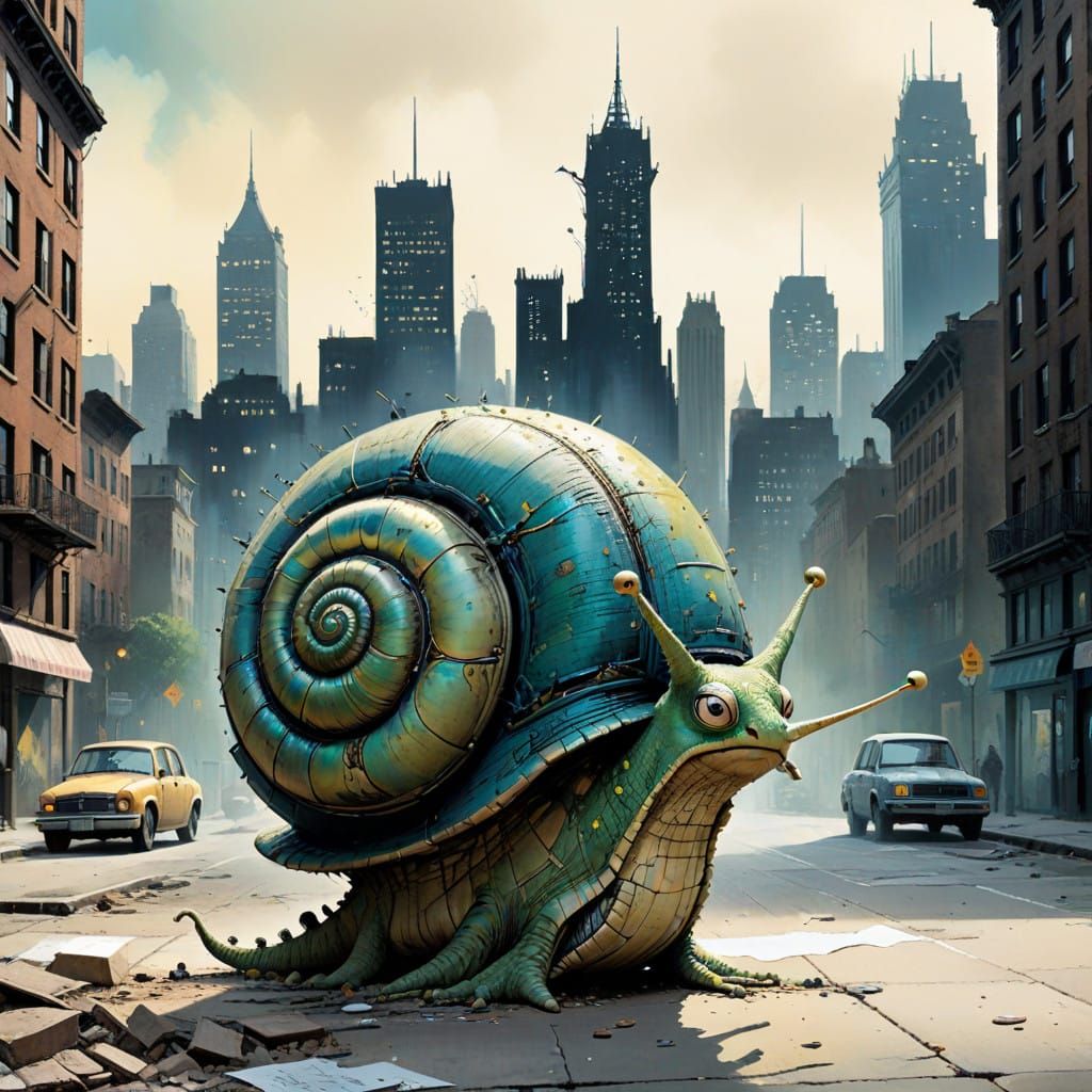 Spiral Snail. - Whimsical Snail Climbs Geometric Skyscraper