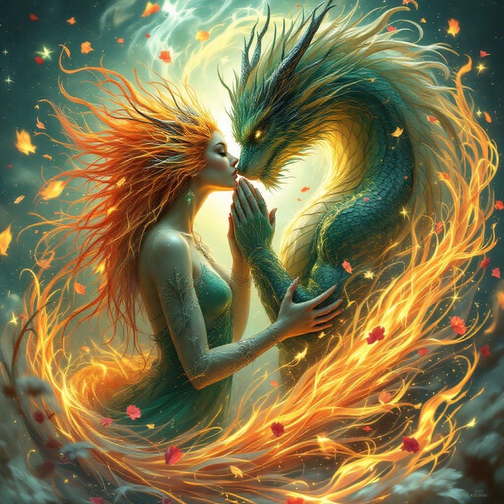 Ethereal Love Between Phoenix and Dragon in Dark F... - AI Art