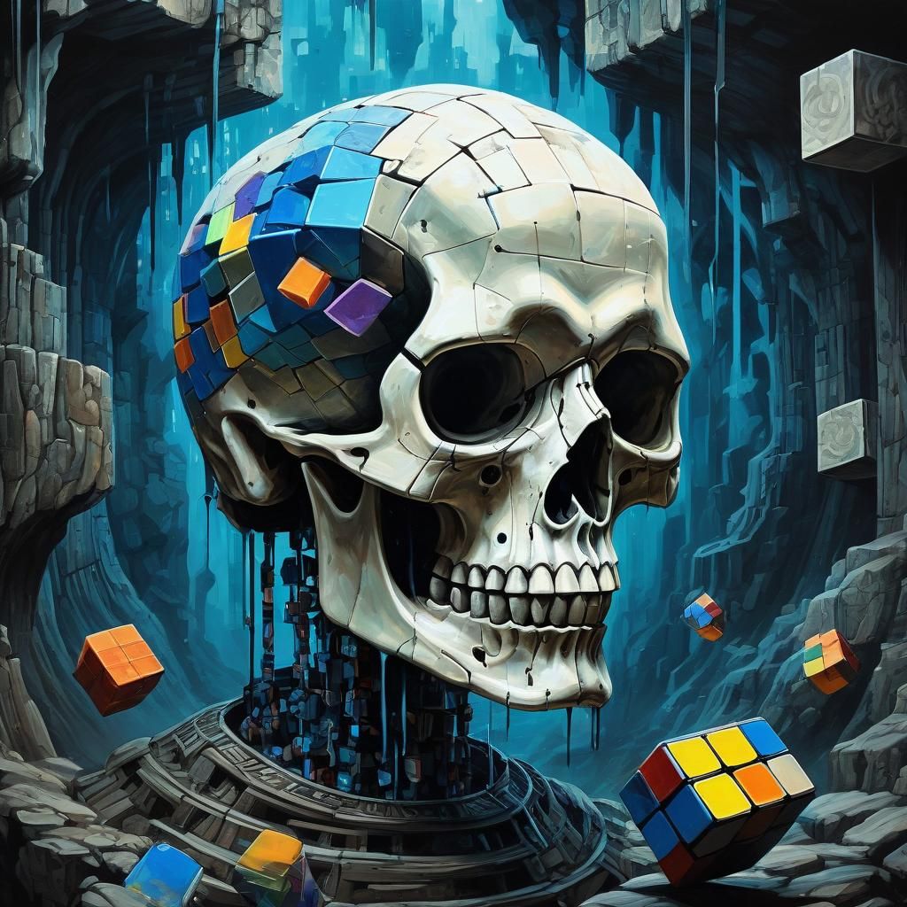 Rubik's Cube head. surrealism analogous colors Tim Burton Dan Mumford ...