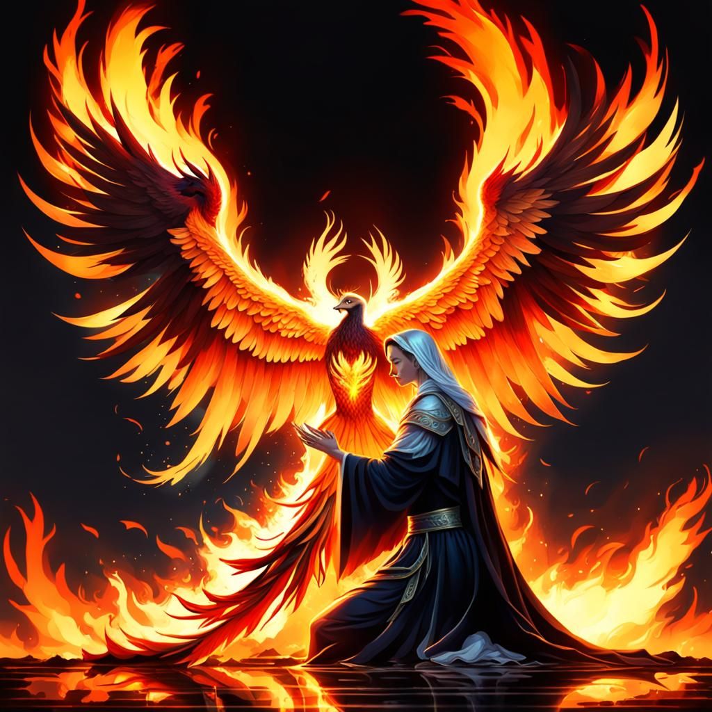 8k resolution; a bright burning phoenix is widening his wings, the ...