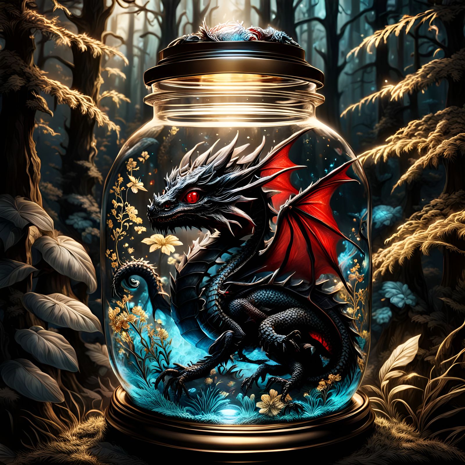 A black baby dragon with red shades and golden details trapped inside a ...