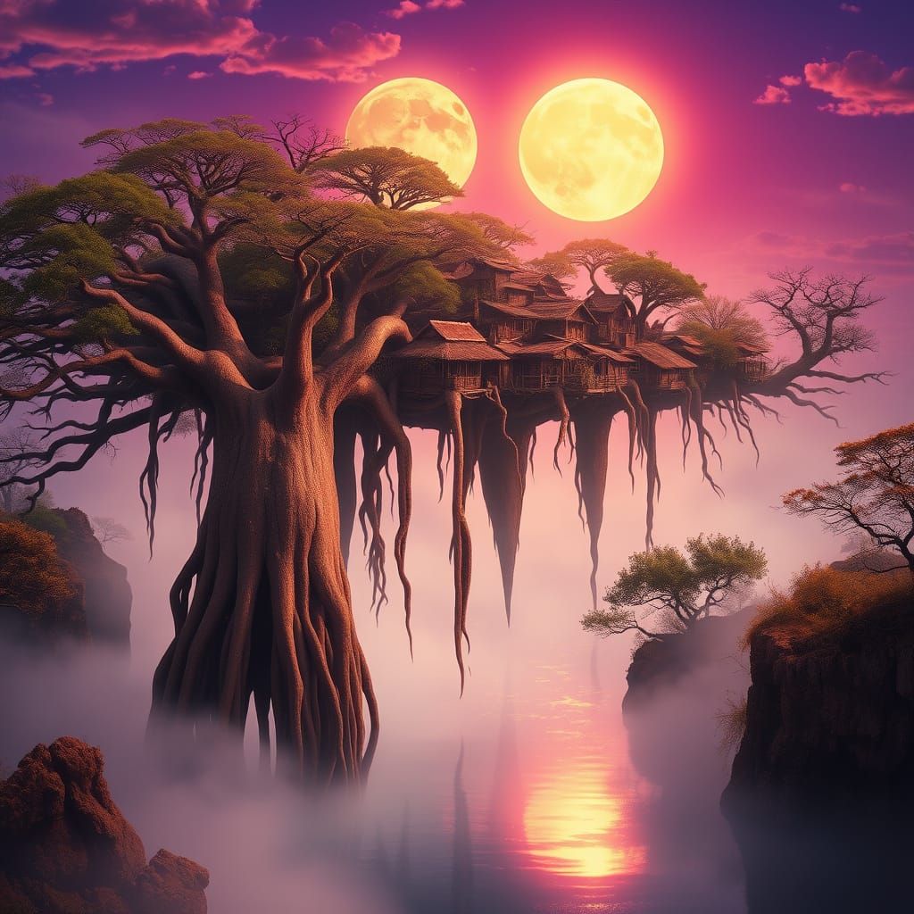 A village built upon giant, ancient baobab trees that float above the ...