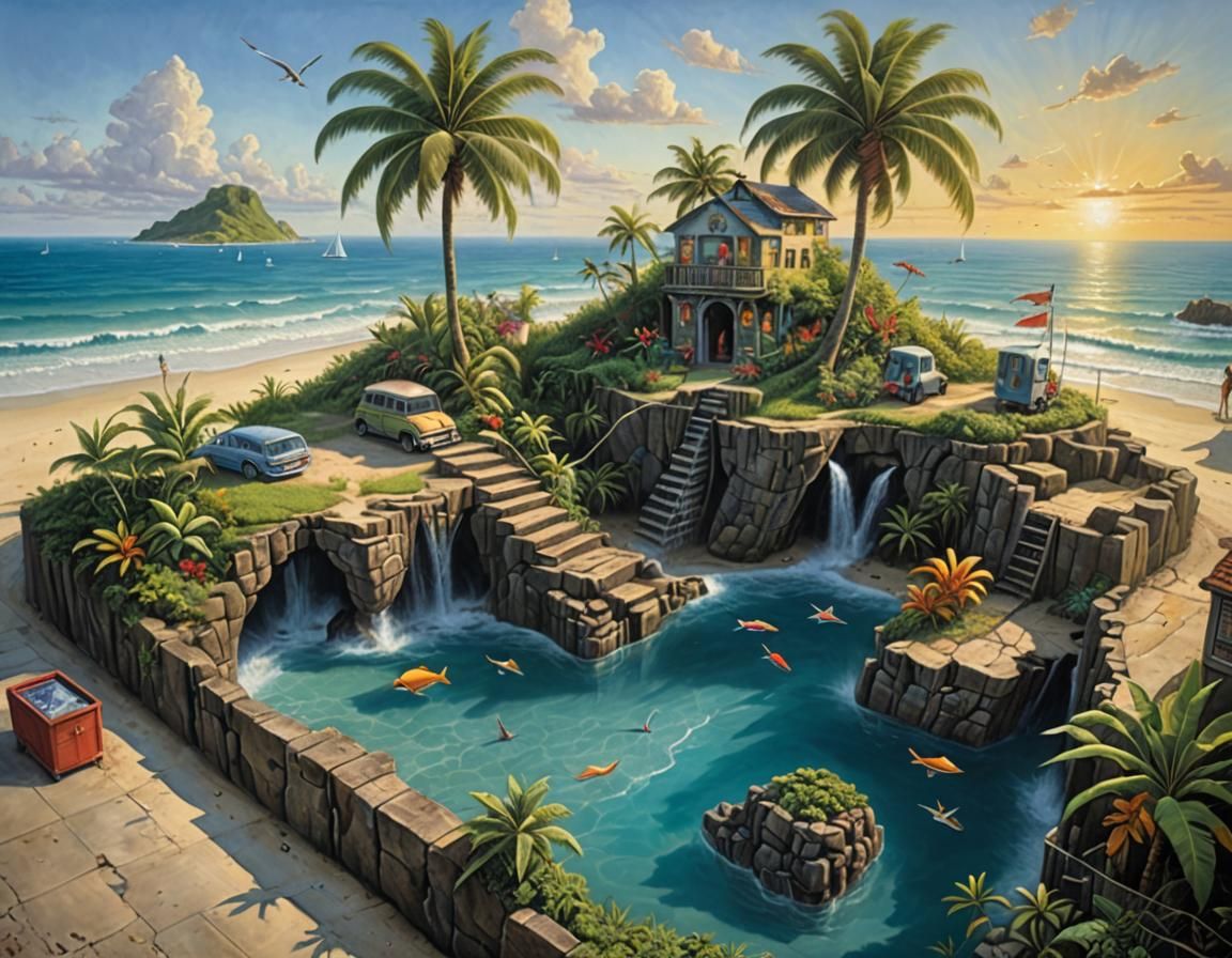 Distorted unbalanced reality - surreal tropical holiday island art - AI ...