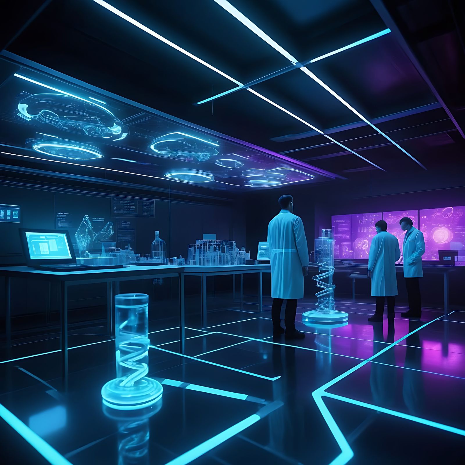 Futuristic Laboratory with Neon-Blue Lights and AI... - AI Art