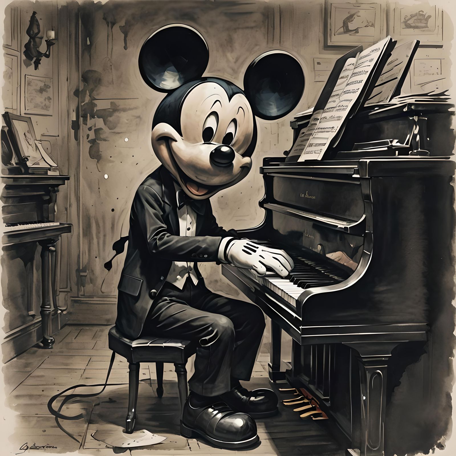 mickey mouse dark playing piano - AI Generated Artwork - NightCafe Creator