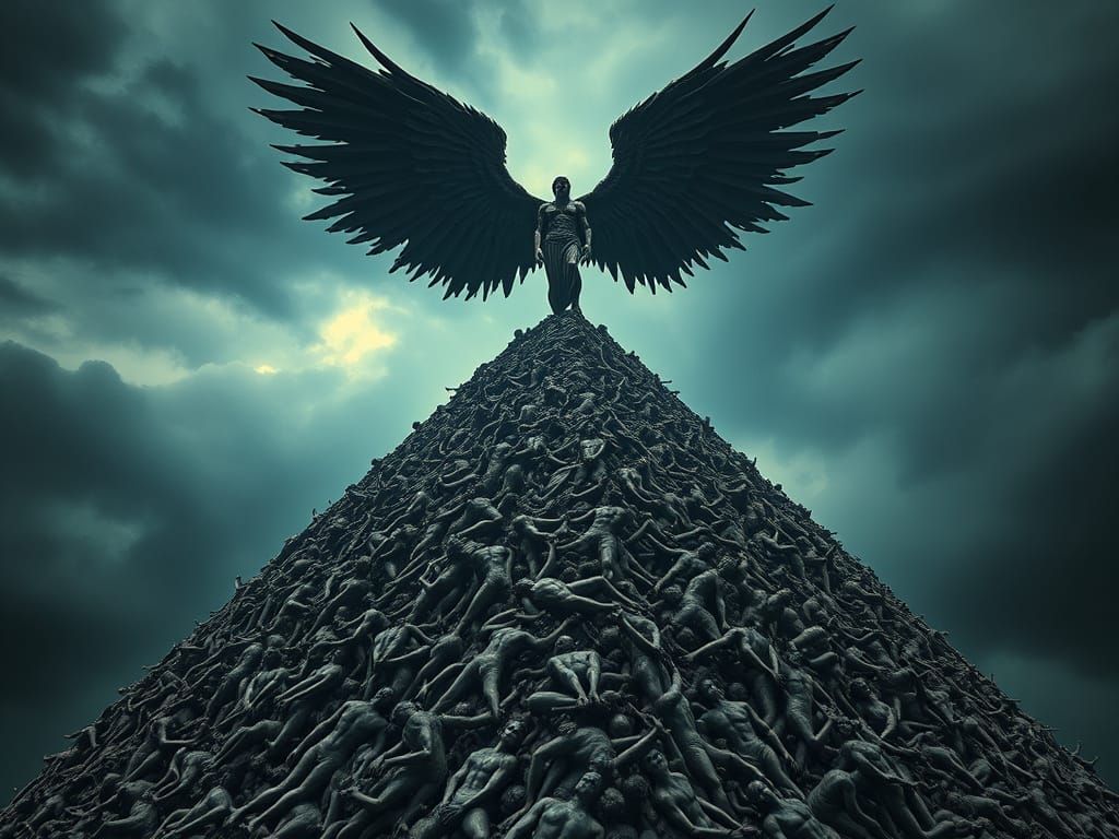 A dark mal Angel stand at the top a huge pyramid the size of the ...