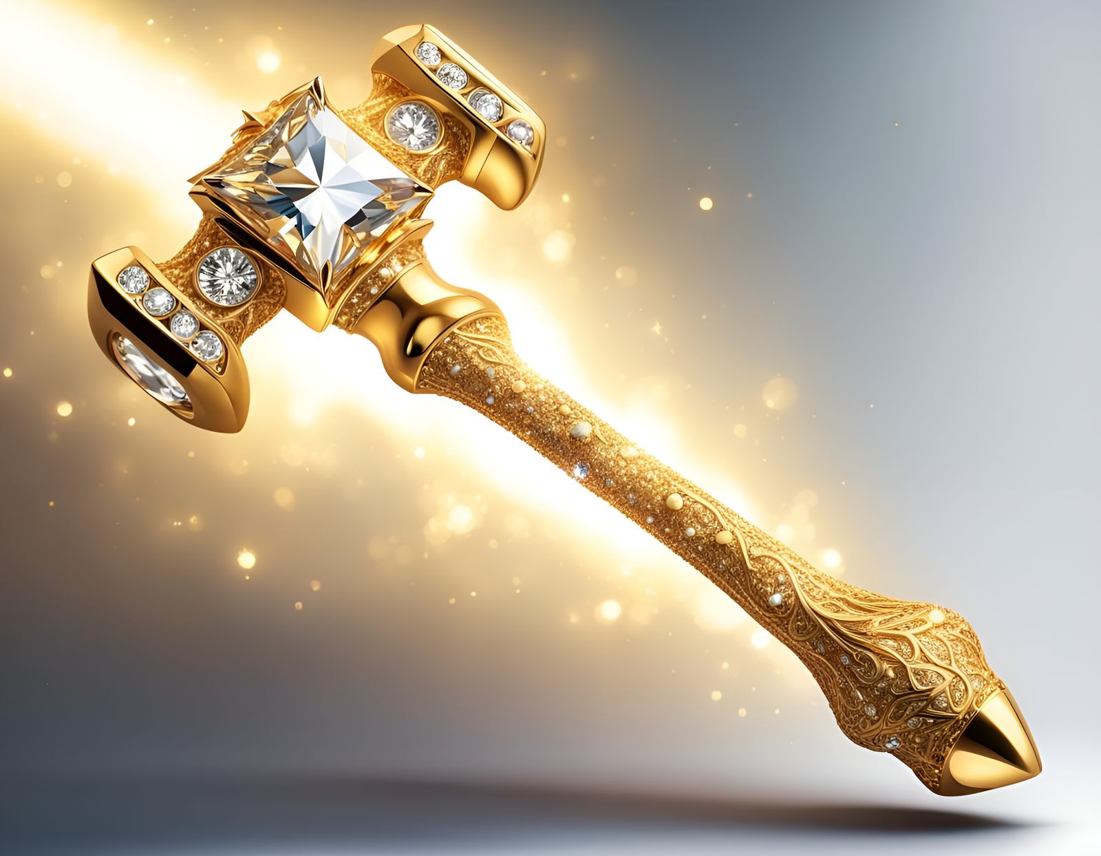 A radiant golden hammer, adorned with diamond crystals and charged with ...