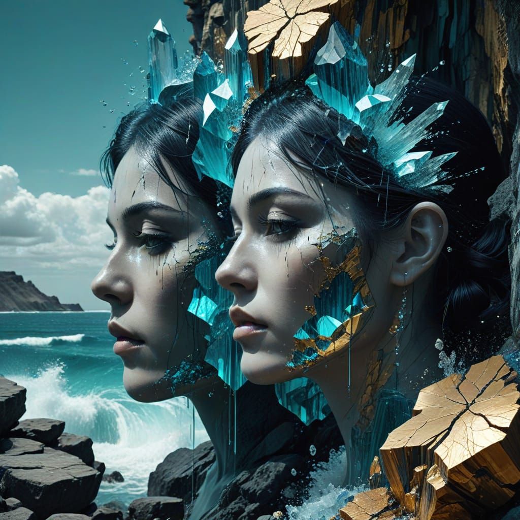 fragmented - coastal waterfall scenes, female portrait, gold crystals