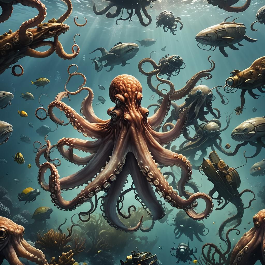Main idea: A realistic mega octopus emerging from the depths of the ...