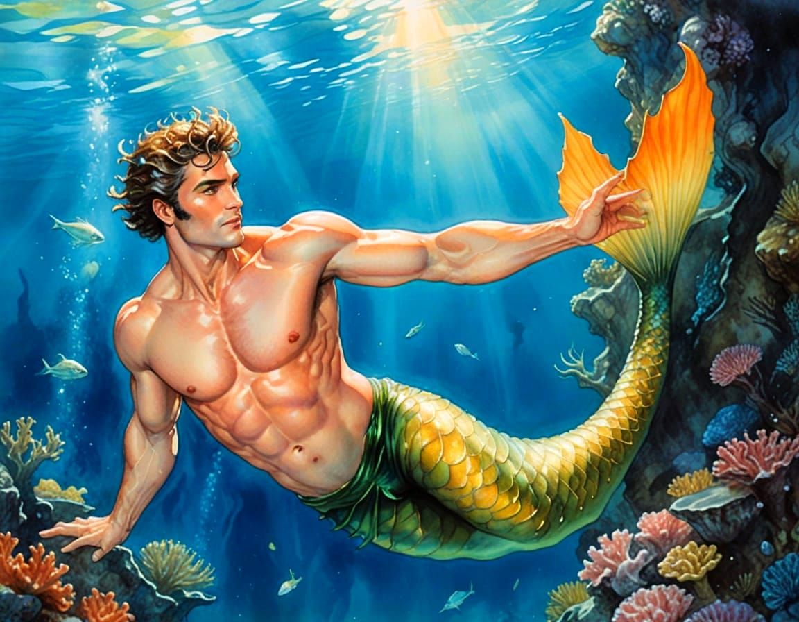 Surreal Aquatic Fantasy: Handsome Merman in Coral ... - AI Art