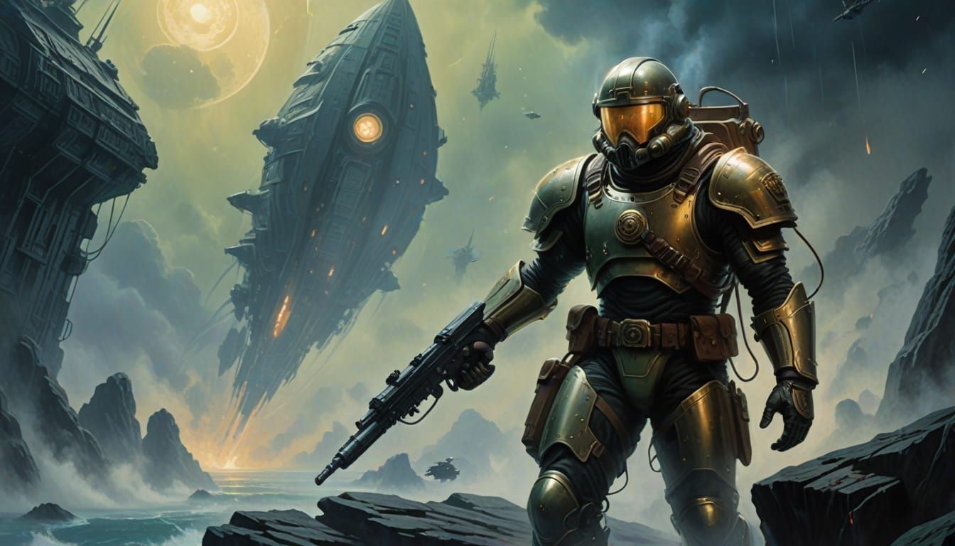 A futuristic commando, dressed in full body armour and carrying a laser ...