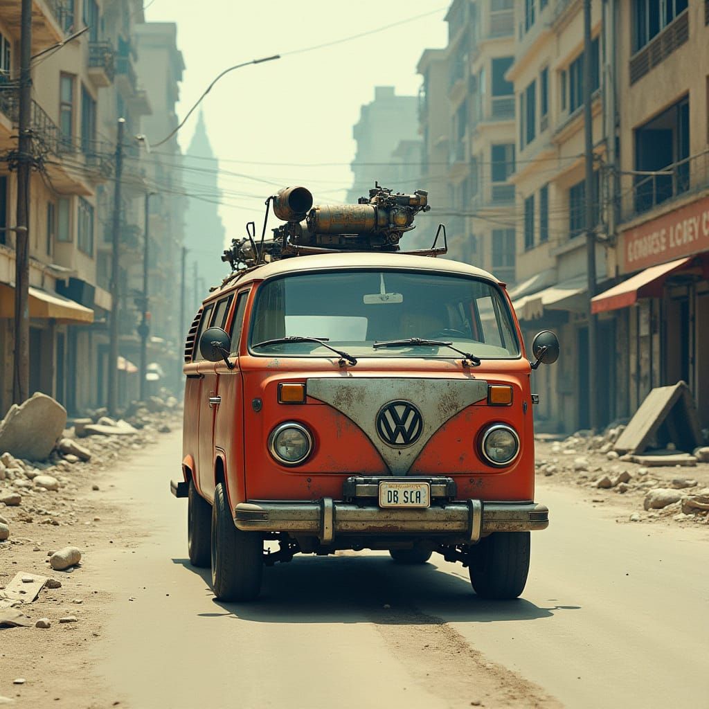 Cyberpunk Post-Apocalyptic Camper Van Speeds Throu... - AI Art