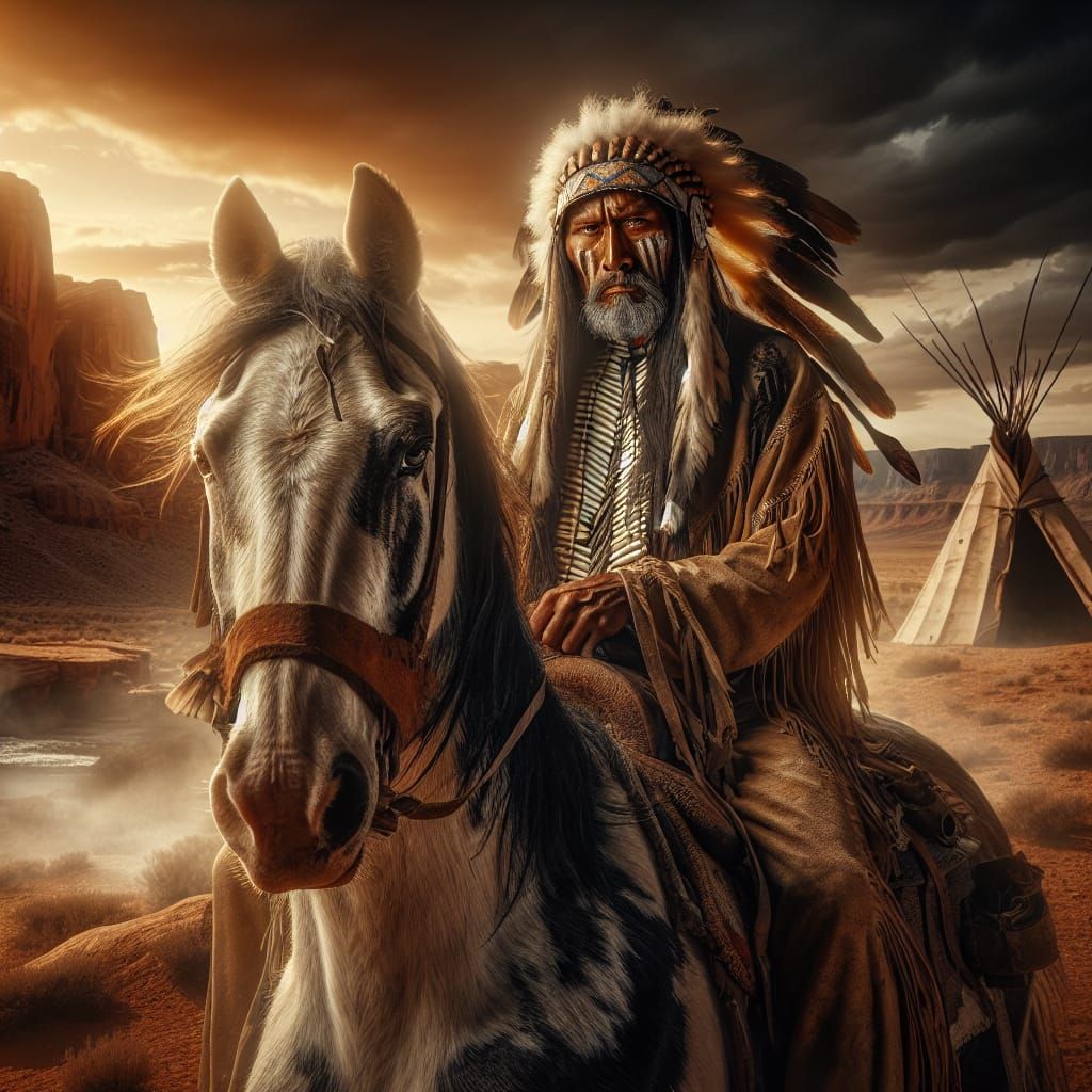 A powerful, historical scene of Geronimo, the legendary Apache leader ...