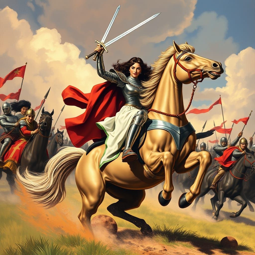 Princess Knight Charges into Battle, Pulp Art Styl... - AI Art