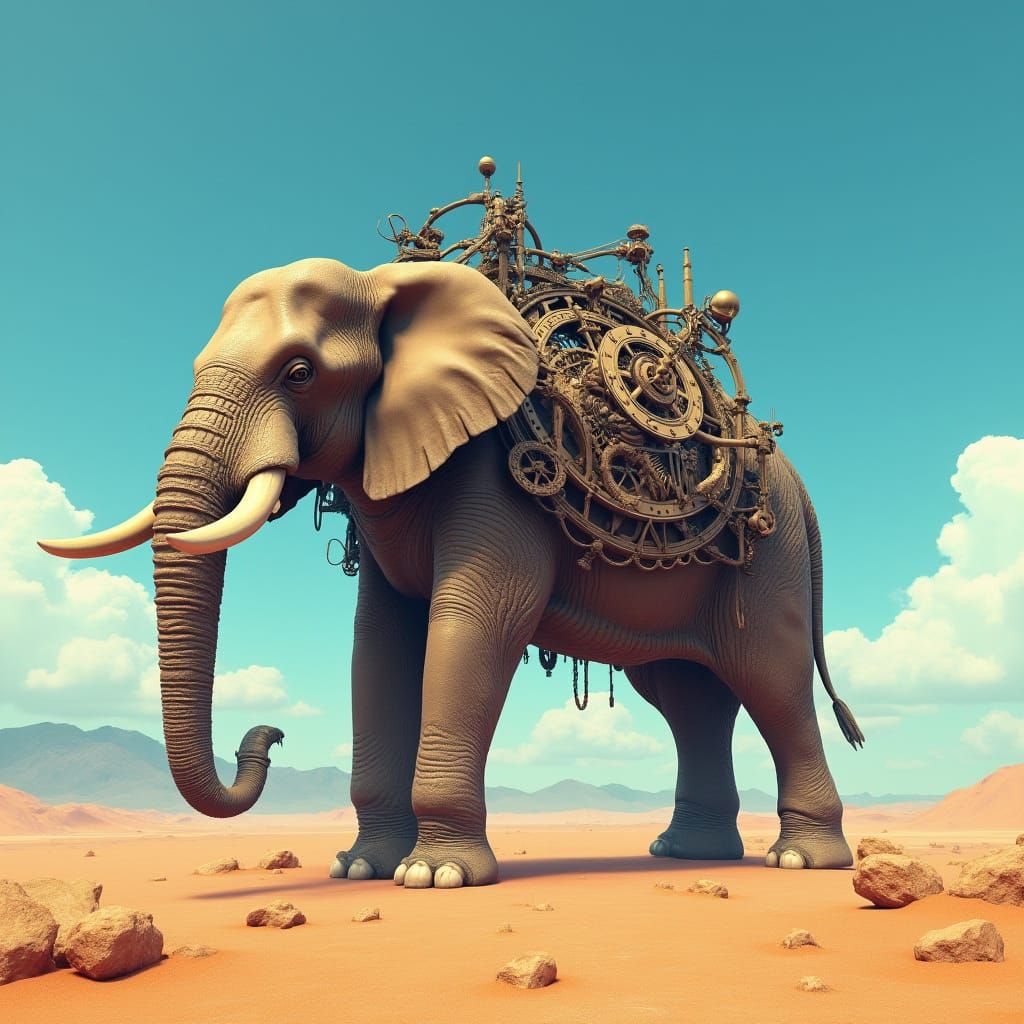 Surreal Elephant with Clockwork Mechanisms in Dese... - AI Art