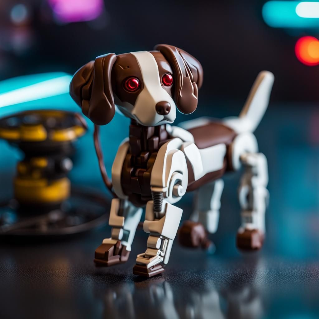 Poo-chi style robot figure of a chocolate and white Brittany Spaniel ...
