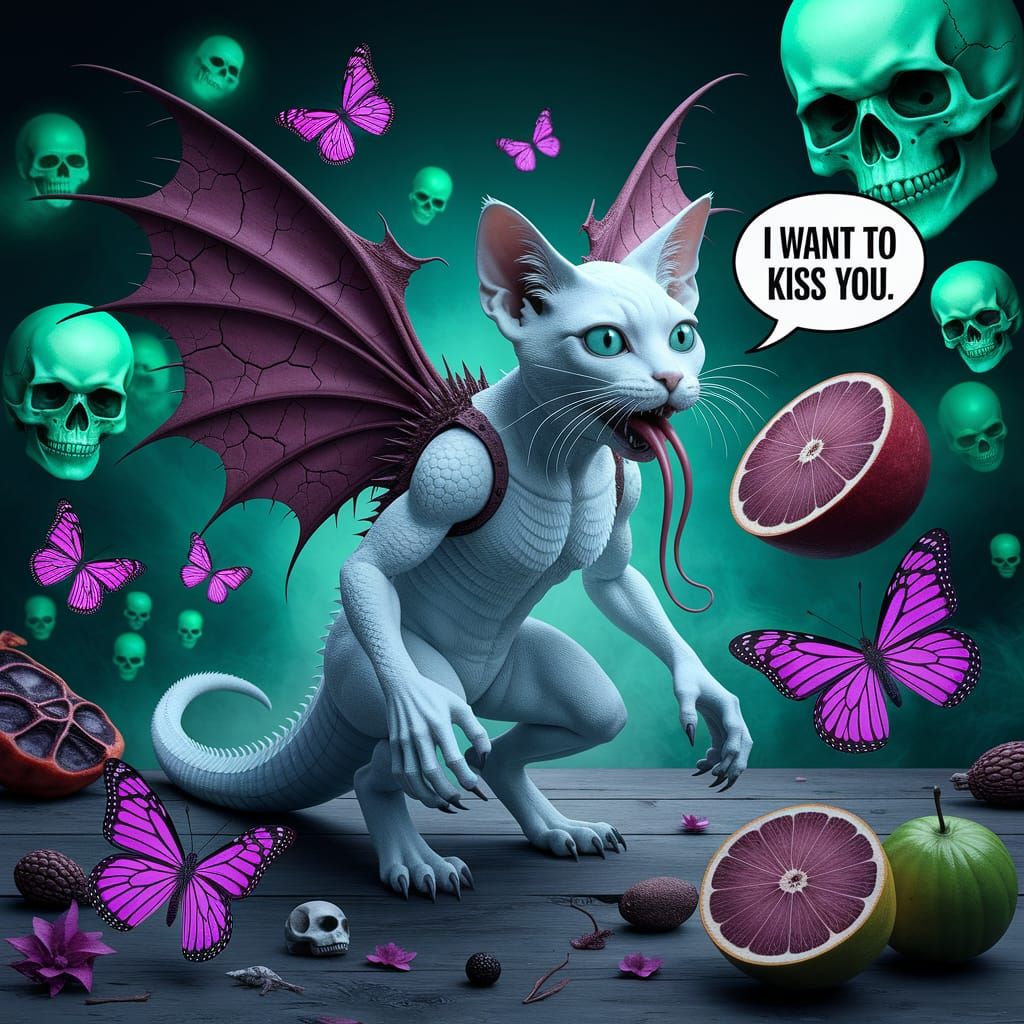 A surreal humanoid half white sphinx cat half albino dragon lizard with ...