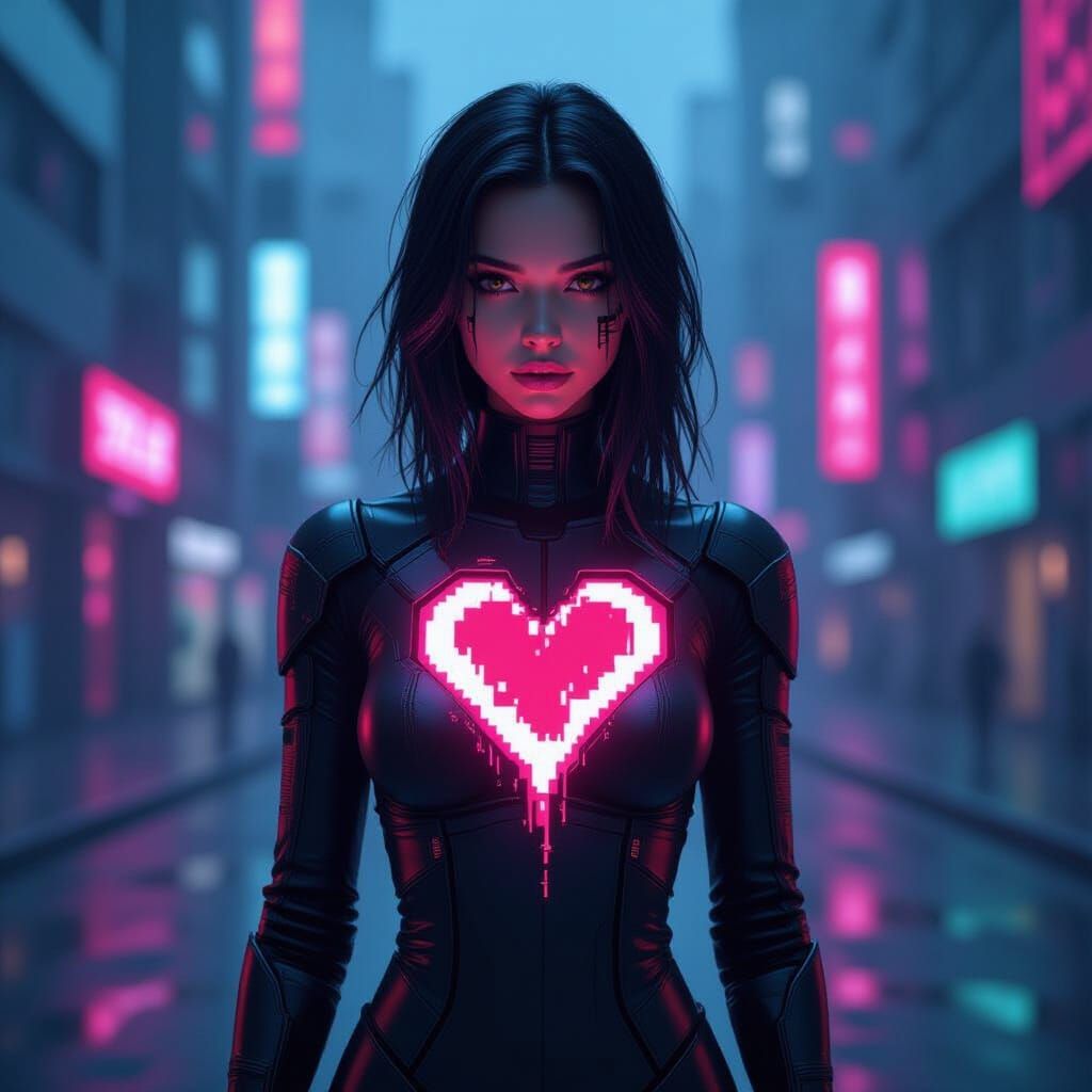 Cyber Girl with Glitch Heart in Neon Noir Style - AI Art