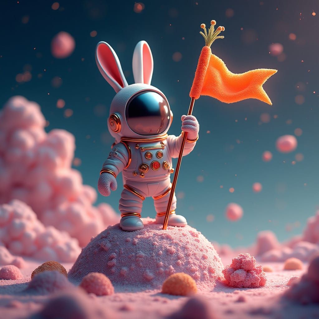 Bunny Astronaut Plants Carrot Flag on Candy-Coated... - AI Art