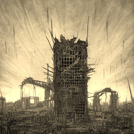 Dystopian Cityscape with Steel Sculptures in Black... - AI Art