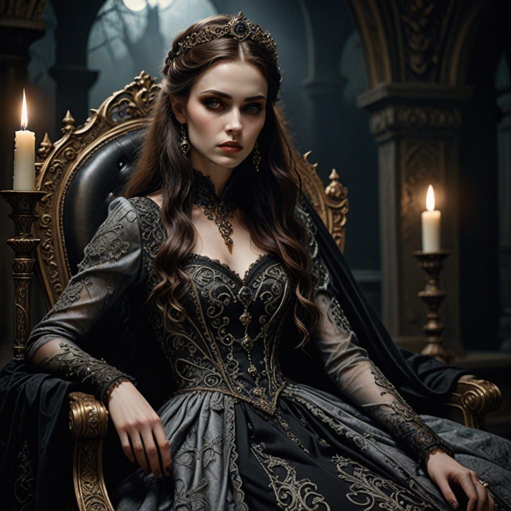 Vampire Queen in Silver Gown, Gothic Portrait - AI Art