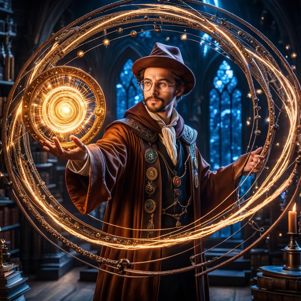 Rustic scientist young wizard using intense realistic magical sorcery ...