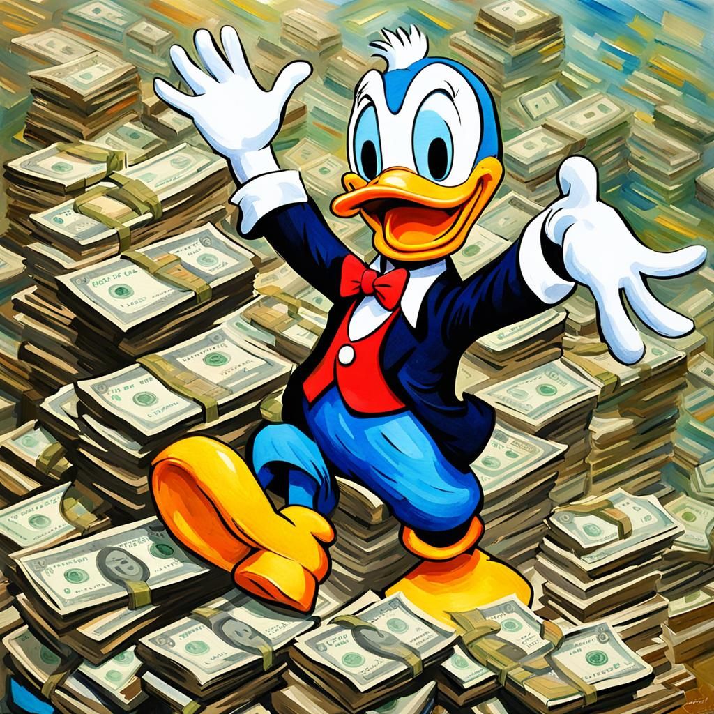 Donald duck on stacks of money, throwing money up in the air - AI ...