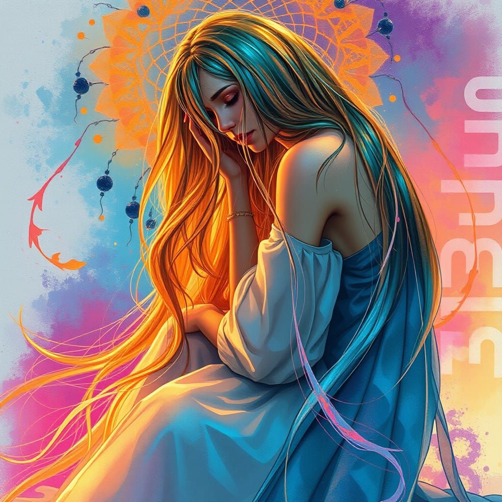 Woman in Ethereal Gown, Hair Flowing Like a Golden... - AI Art