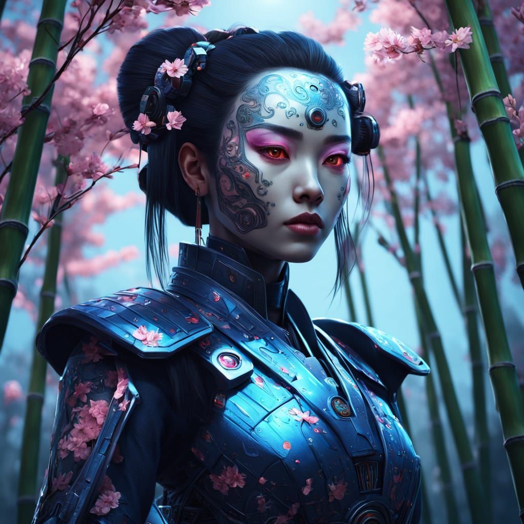 Futuristic Cyborg Geisha in Serene Bamboo Garden - AI Art