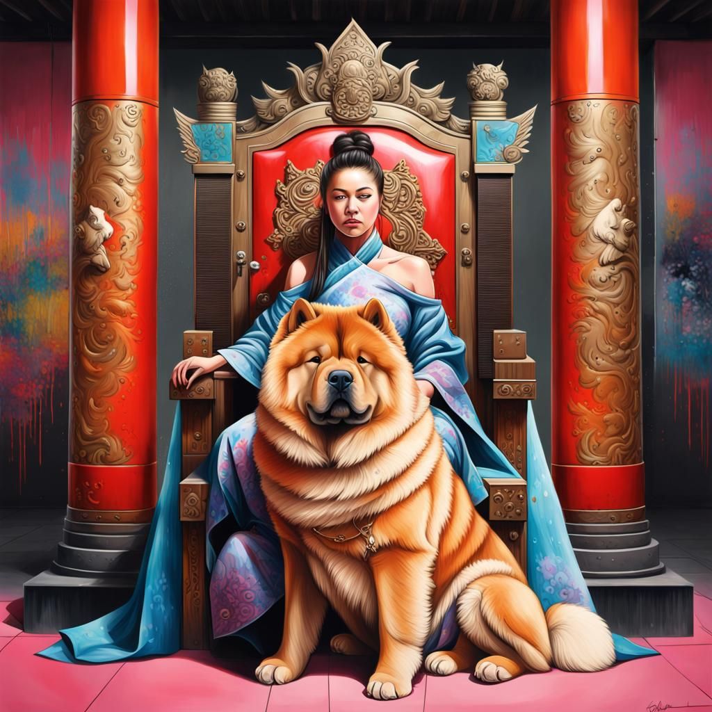 beautiful woman sitting on a throne, a chow chow sit next to her. - AI ...
