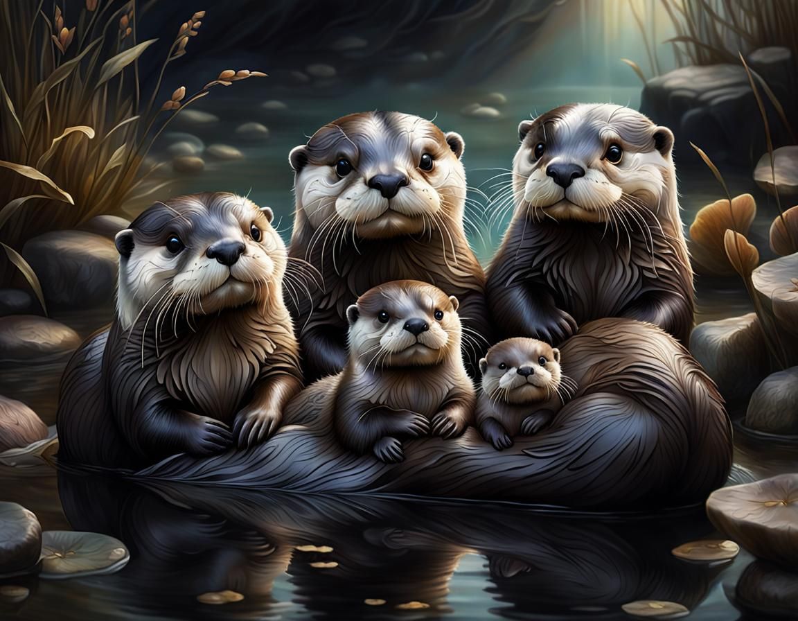 OTTERS - Beautiful fluffy otter with three baby otters - AI Generated ...