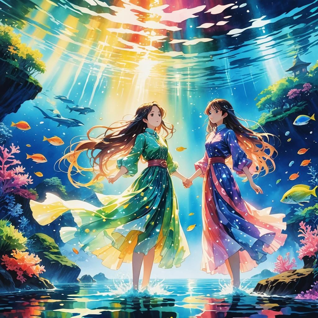 (magical matte watercolor artwork of a two beautiful woman in love with ...