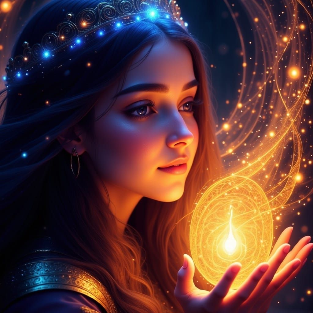 A close-up of a spellcaster’s face, their eyes glowing with arcane energy, as wisps of ...