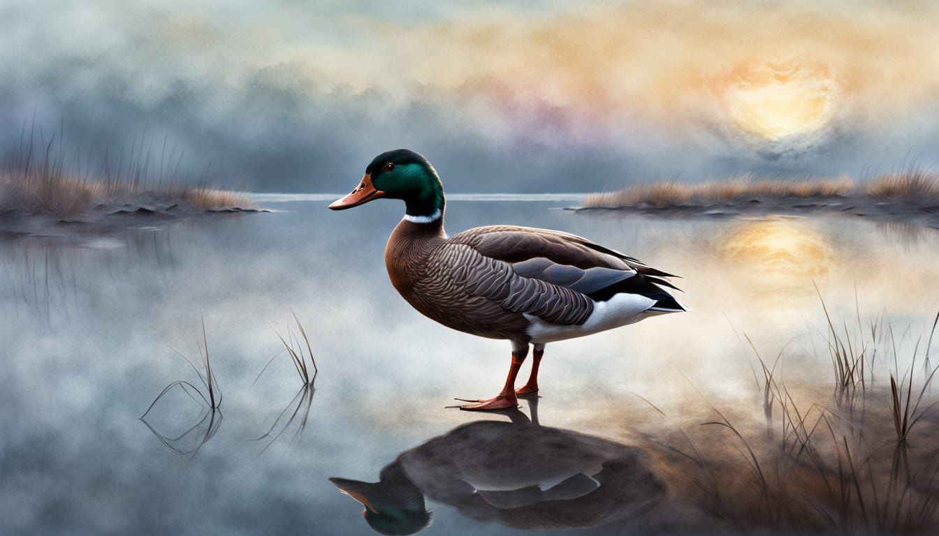 Edward Hopper's Duck - Whimsical Watercolor Duck on Serene L...