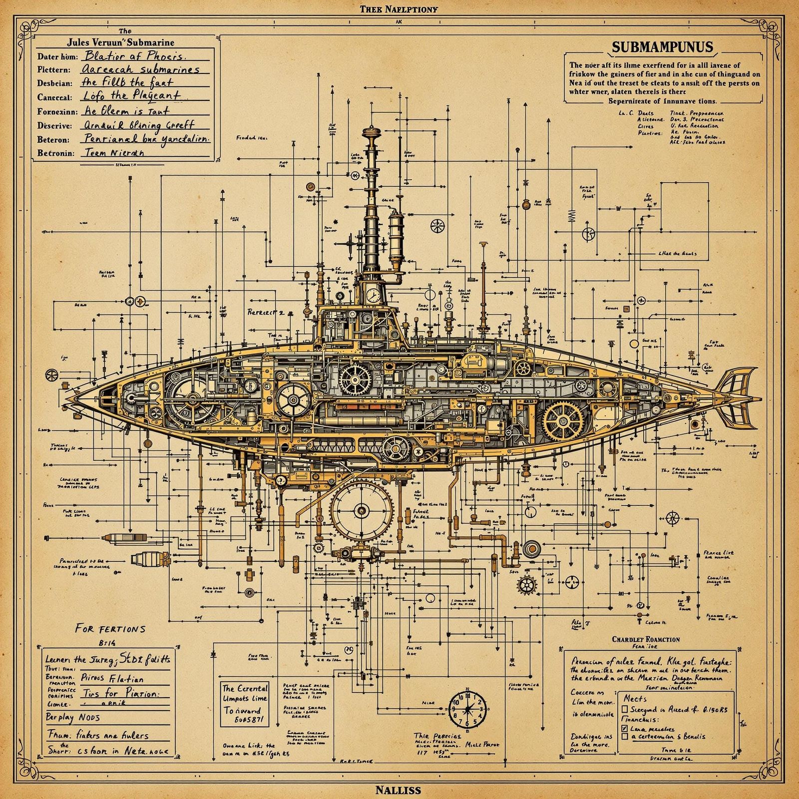 Steampunk Submarine Blueprint in Gouache Style - AI Art