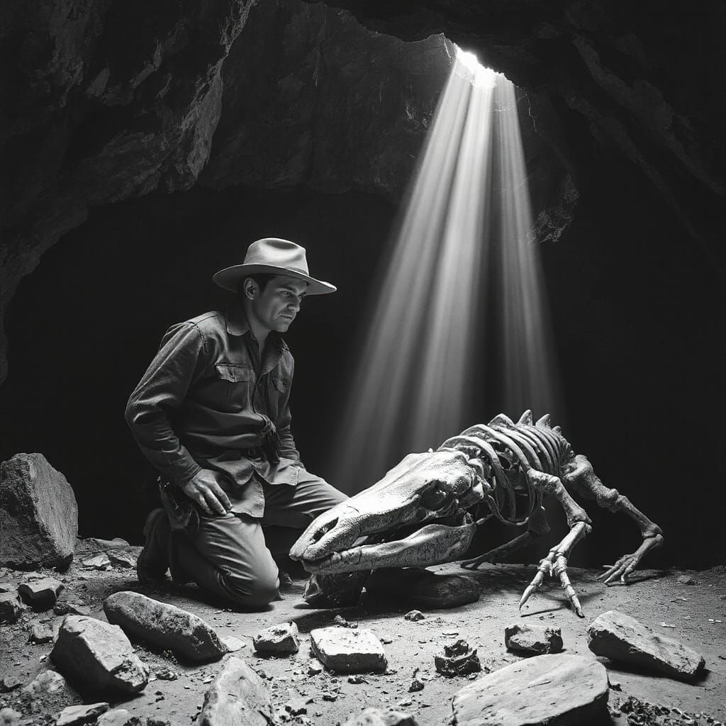 a black and white image of an explorer kneeling at the edge of a ...