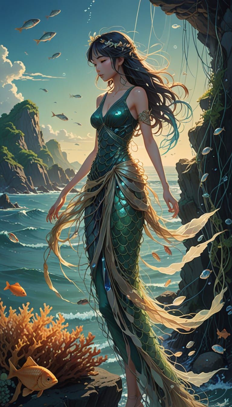 Whimsical Mermaid Trapped in a Drifting Net - AI Art