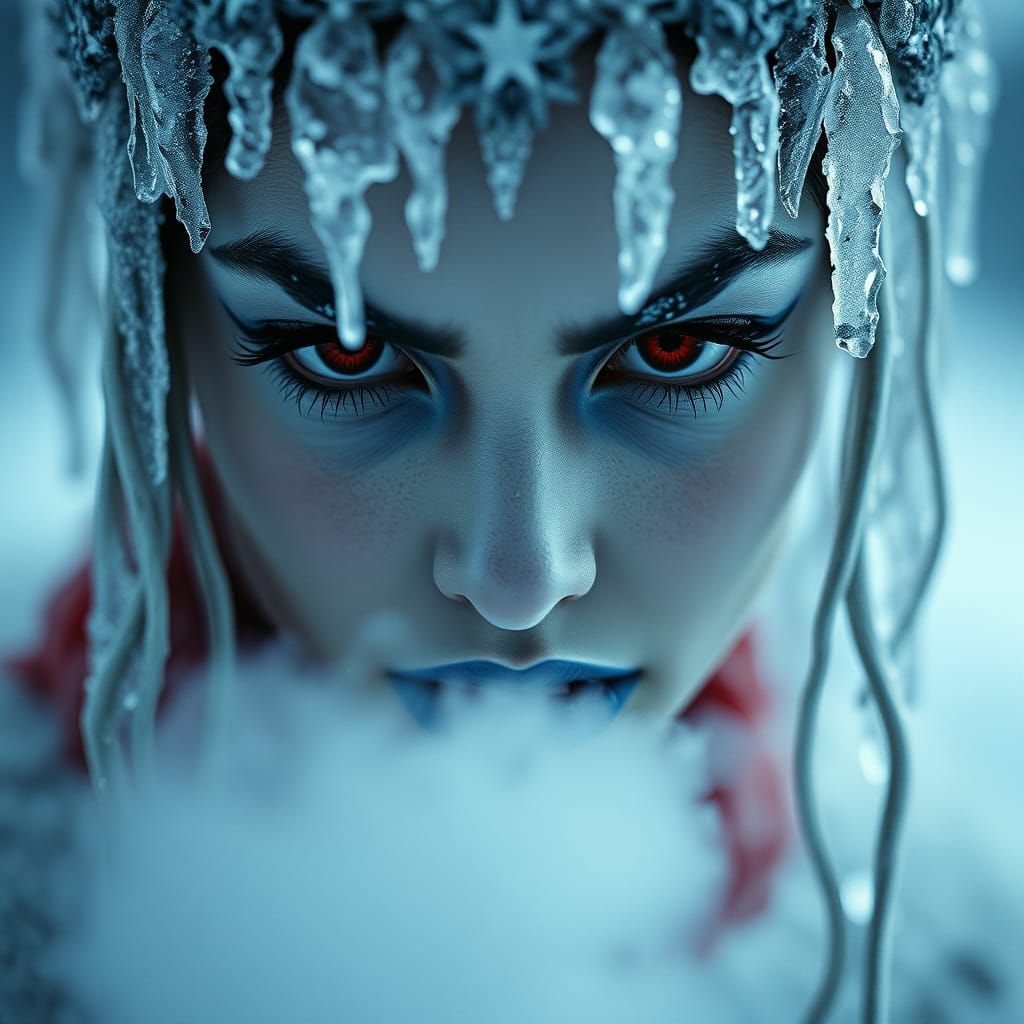 Icy Beauty with Red Eyes, Frosty Breath, and a Hau... - AI Art