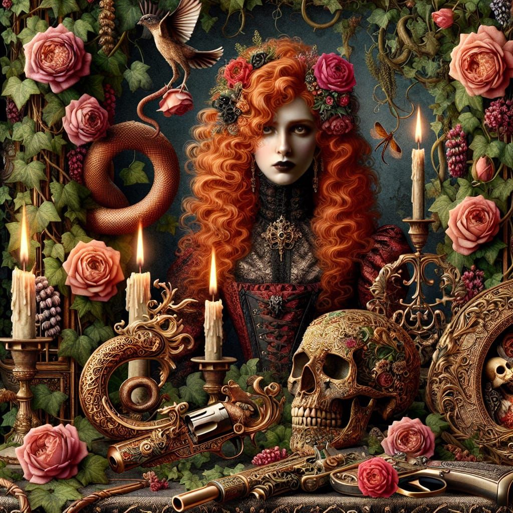 Gothic woman, Emilie Autumn, ivy, vines, roses, skull, candles, guns ...