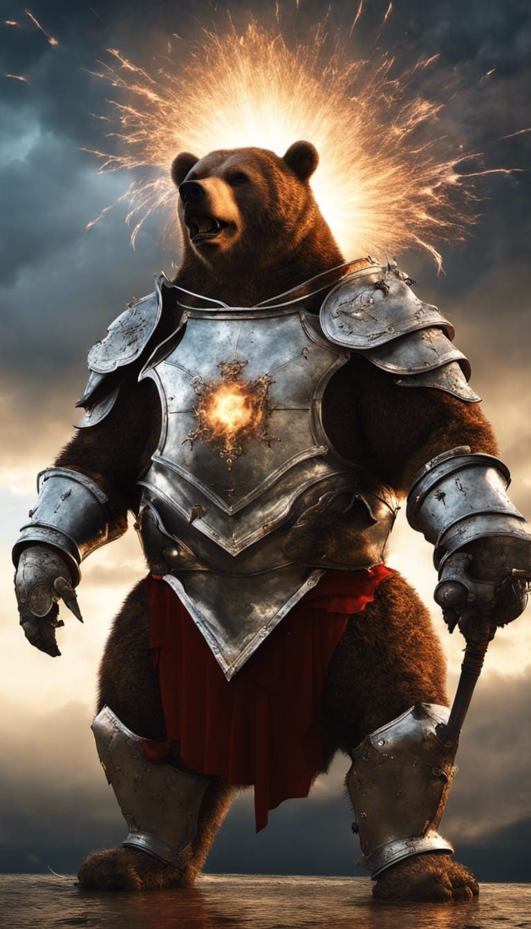 Portrait Intensity of electrified reflective Obese Bear Knight, holding ...