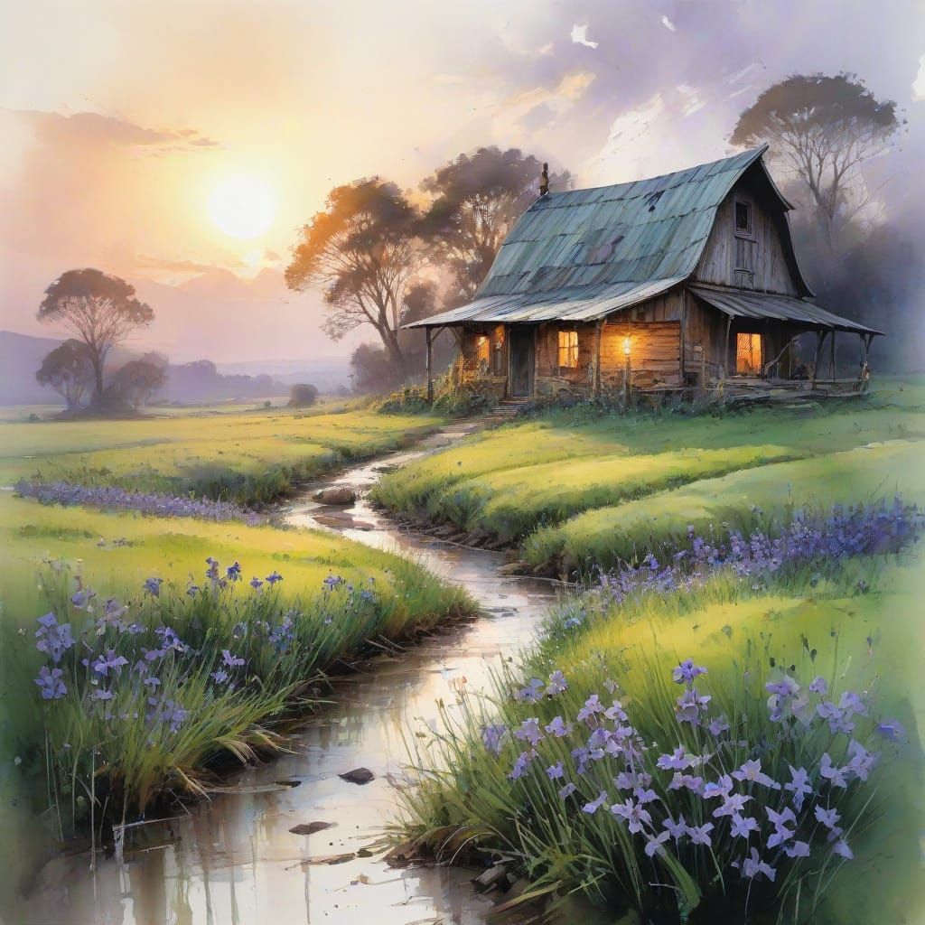 Surreal Farm Scene at Dusk in Watercolour Style - AI Art