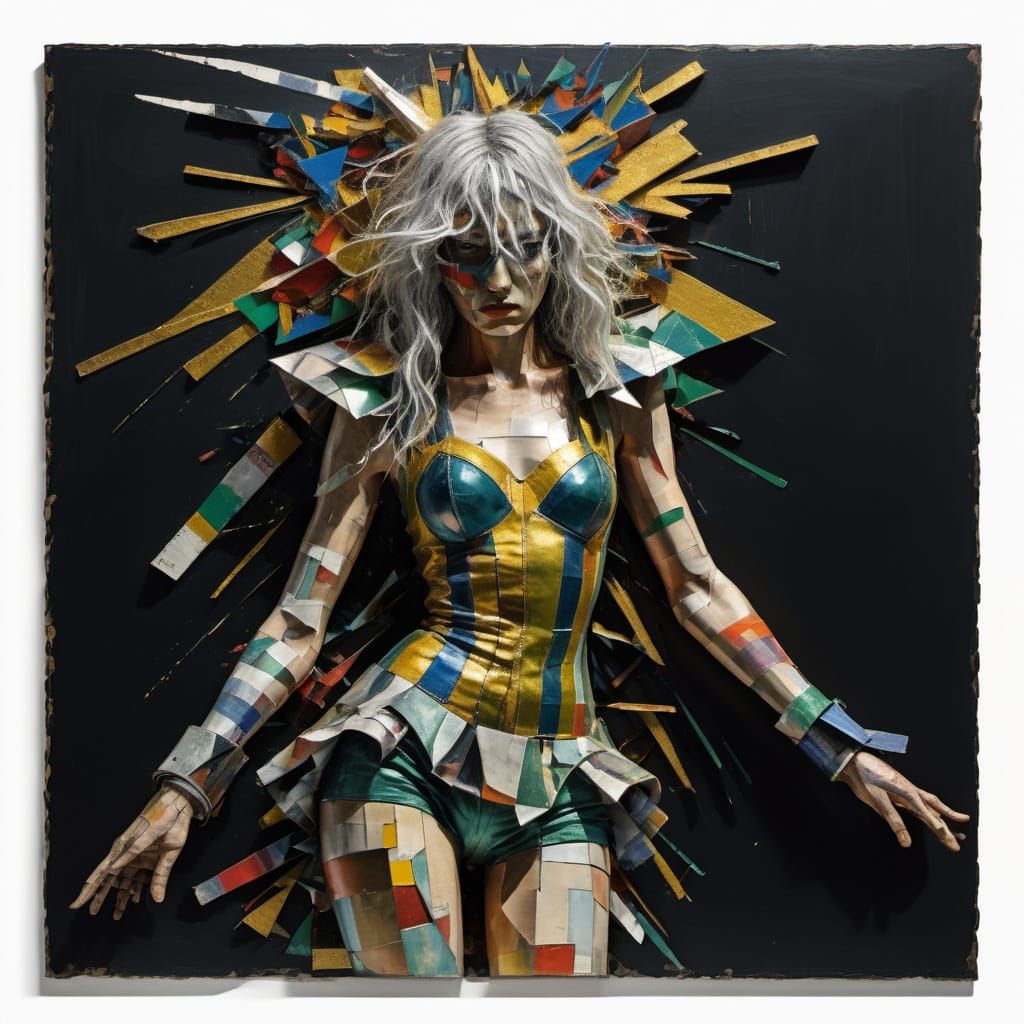 Vibrant, cubistic abstract with fragmented, geometric shapes and bold, abstract forms ...