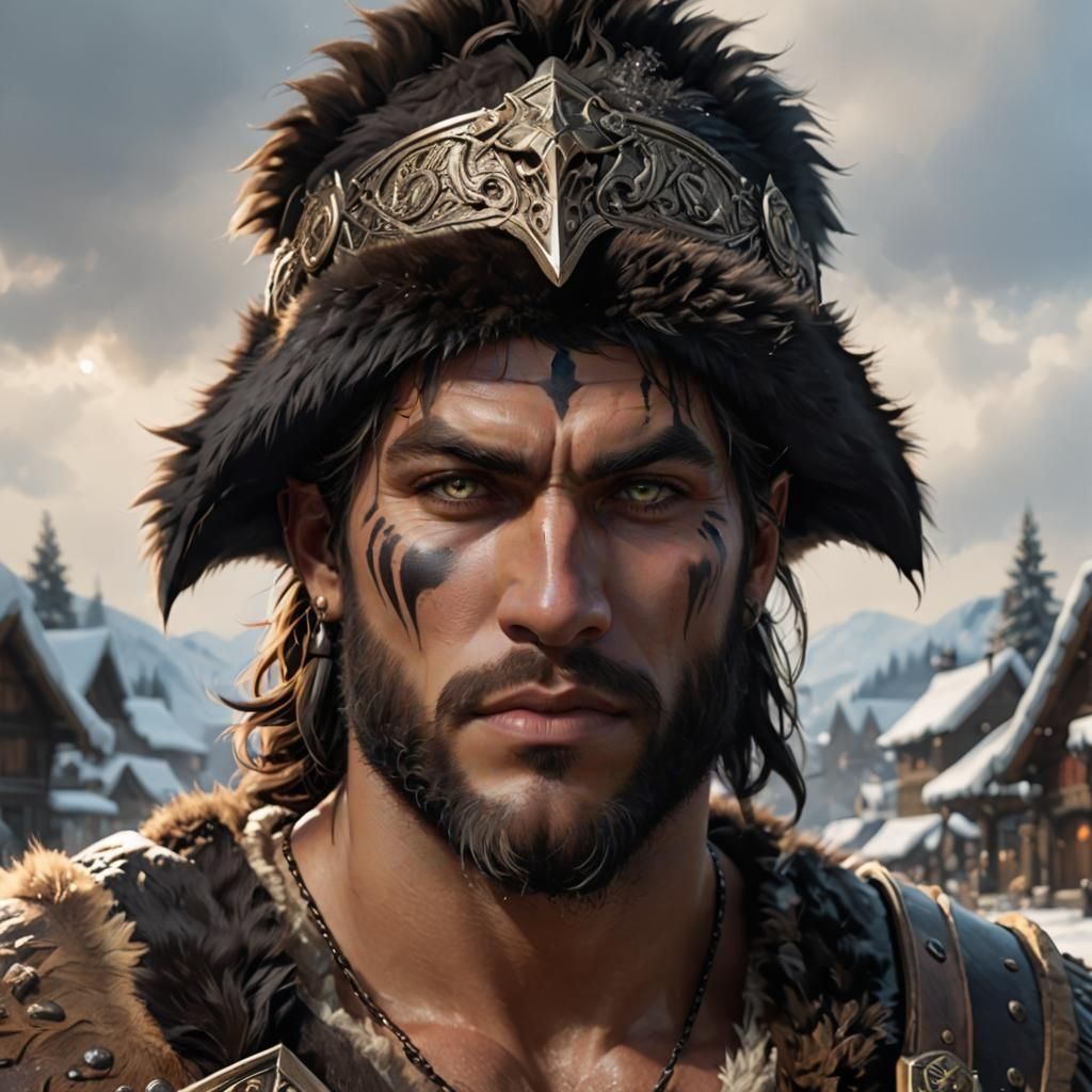 High fantasy epic attractive Male winter barbarian with black warpaint ...