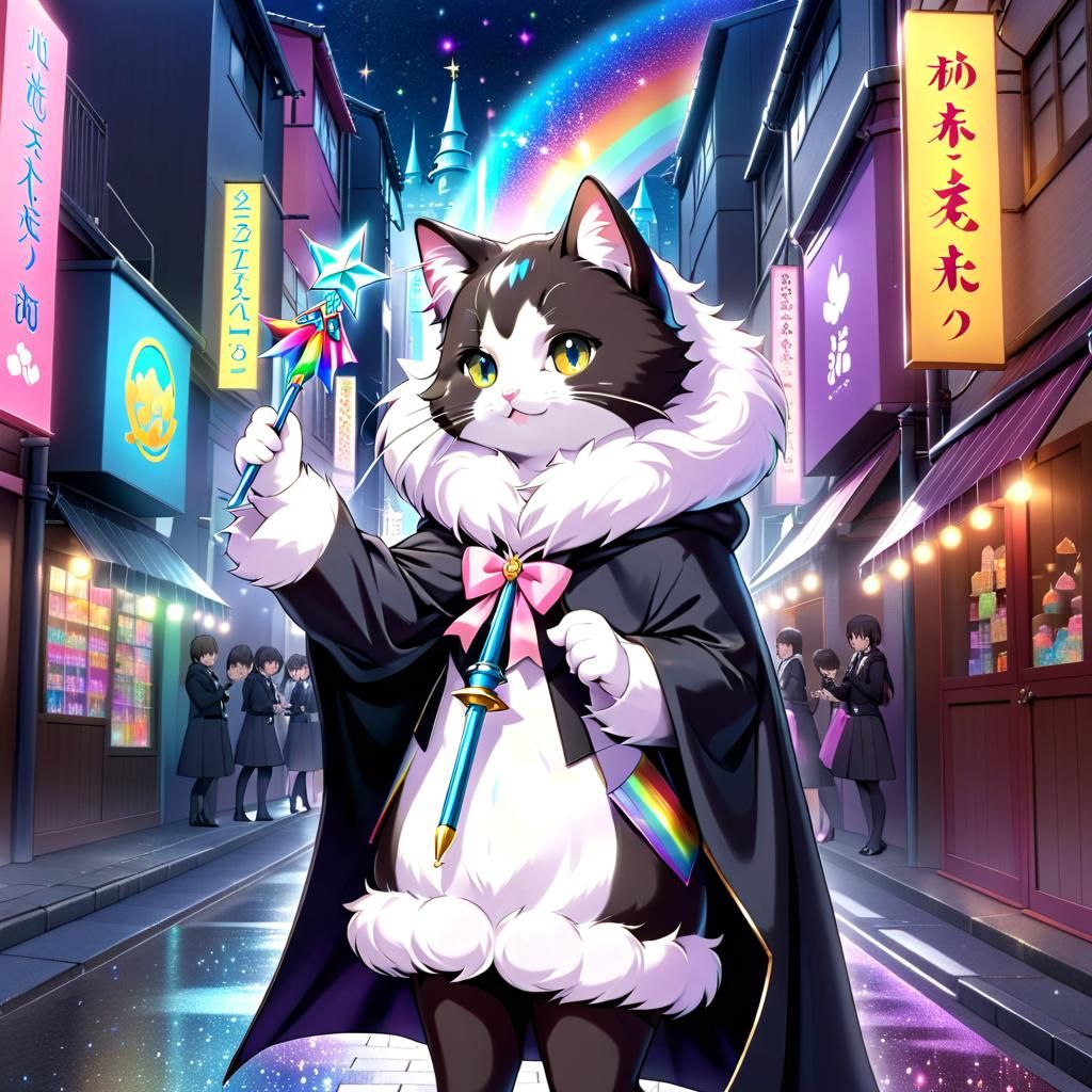 cute fluffy magical cat tuxedo fur coloring wearing a magical cloak and ...