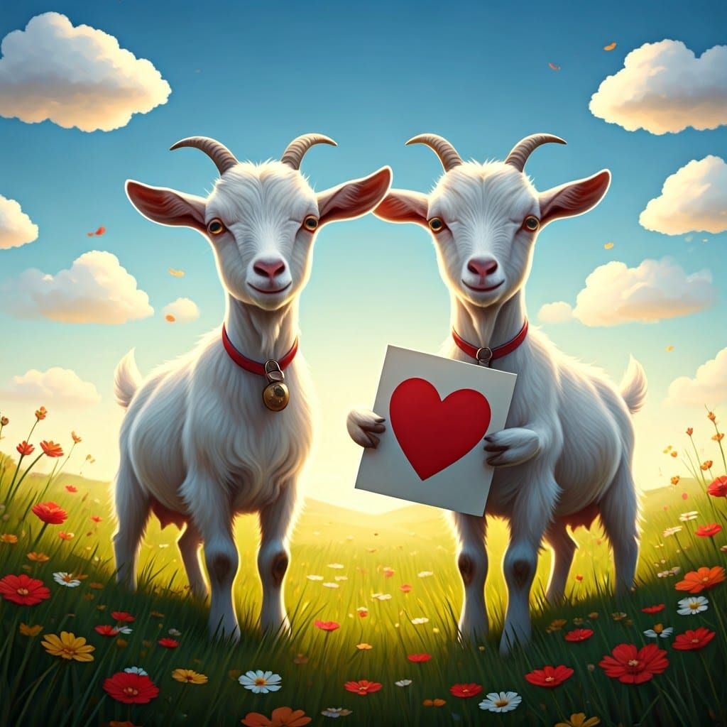 Goats Share Valentine's Day Love in Whimsical Mead... - AI Art