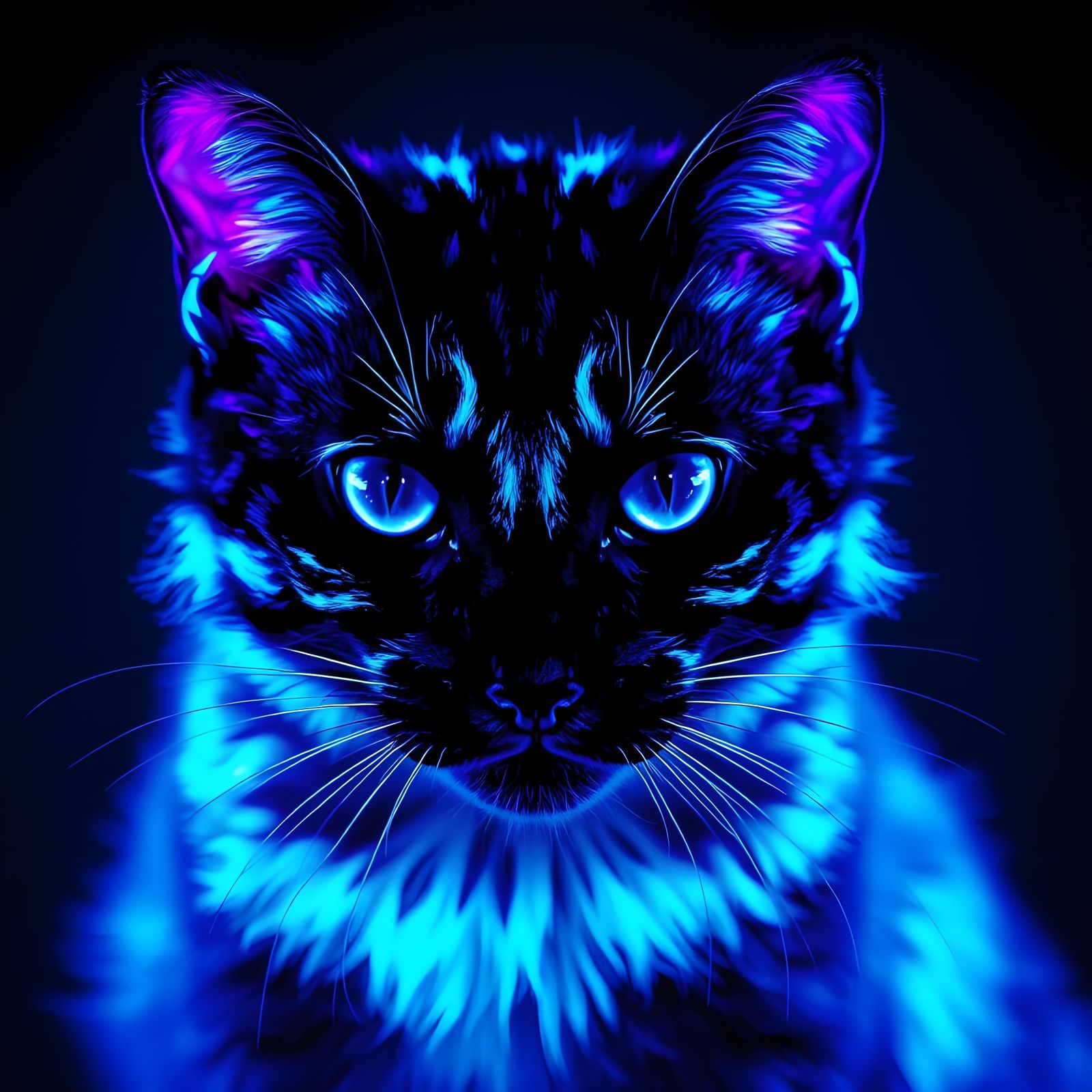 Glowing Black and White Cat Under Blacklight - AI Art