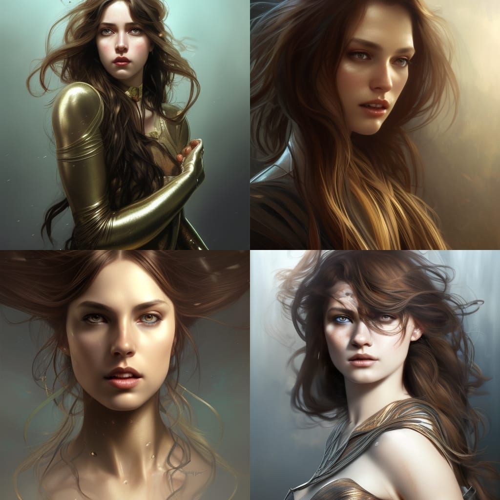 (Beautiful metal goddess)shimmering brown hair, metallic clothes, head ...