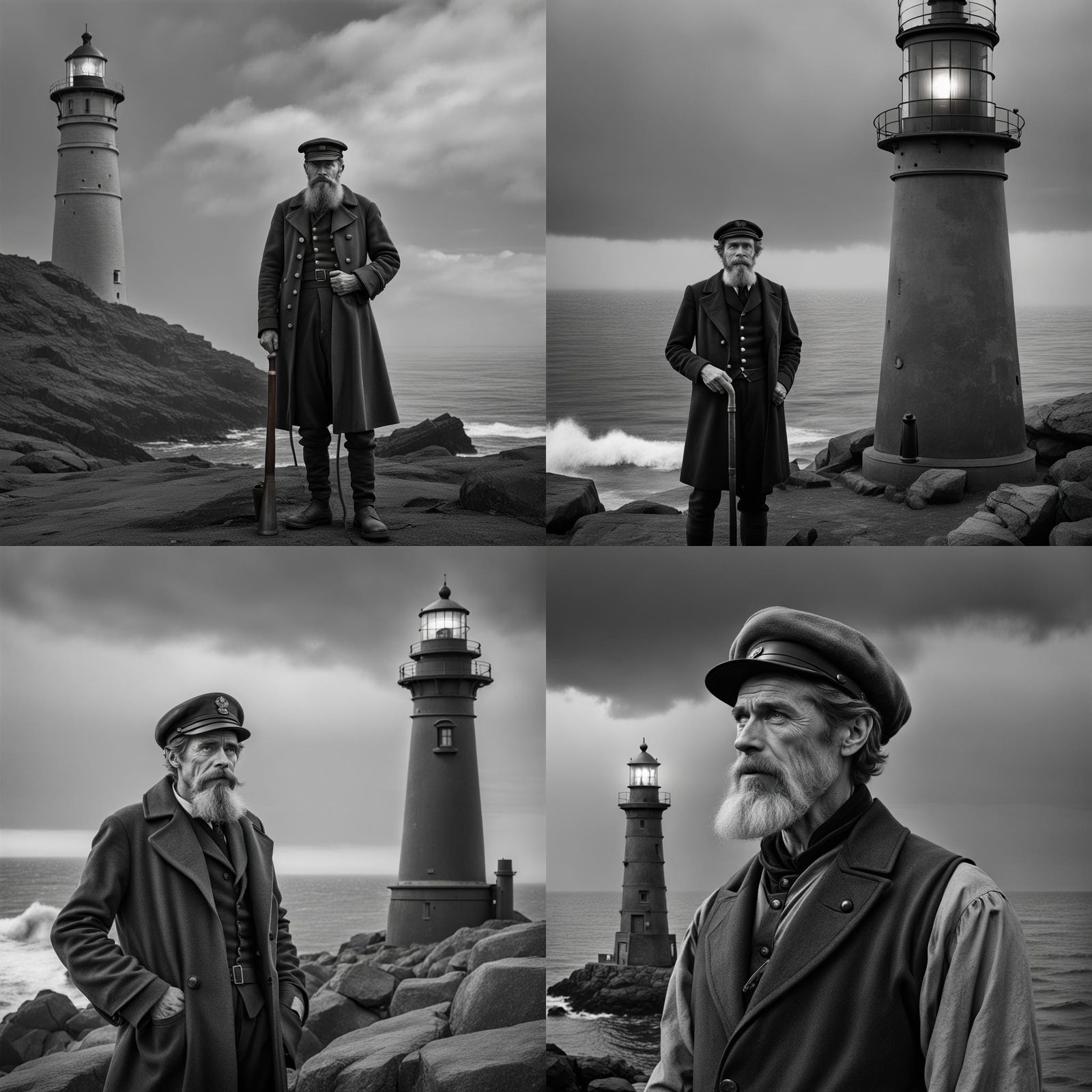 Willem Dafoe with a gray beard and a pipe as a lighthouse keeper ...