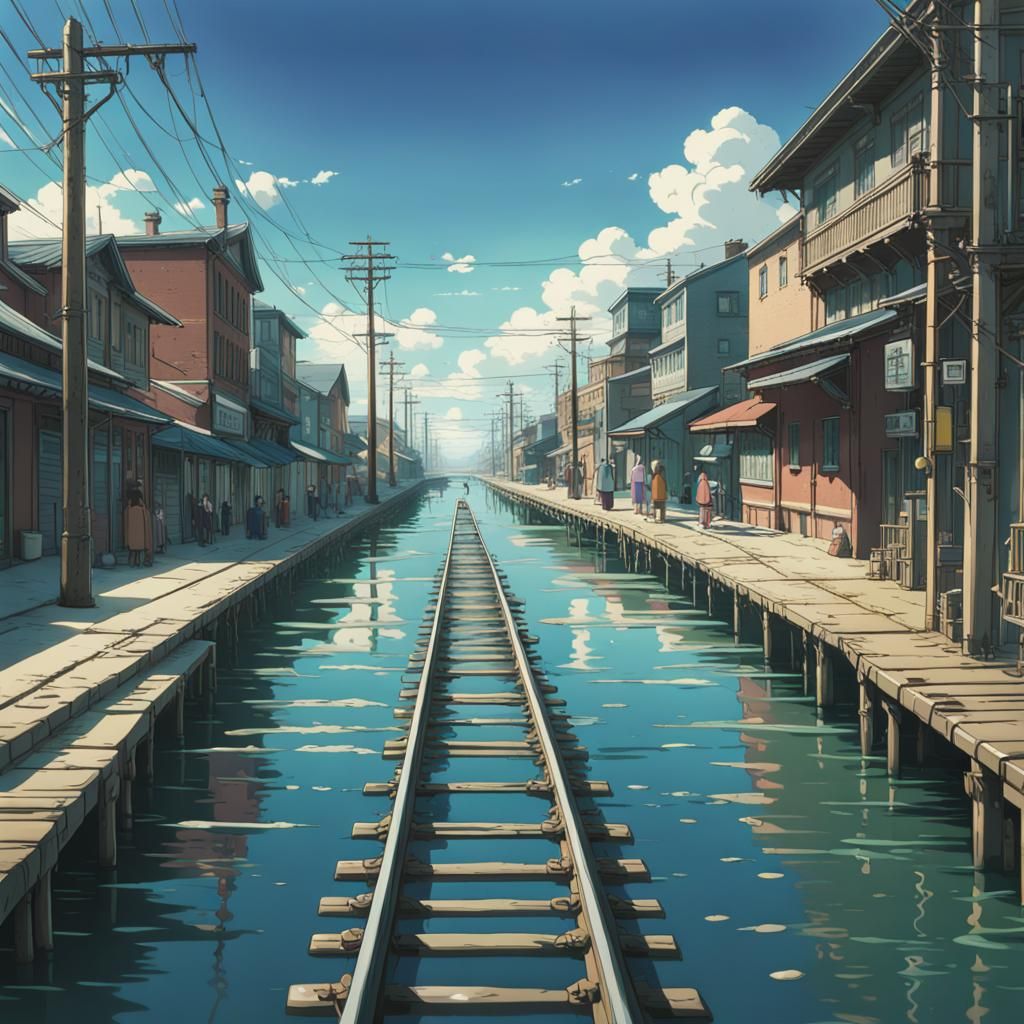 endless shallow water, train tracks across water, infinity scene ...