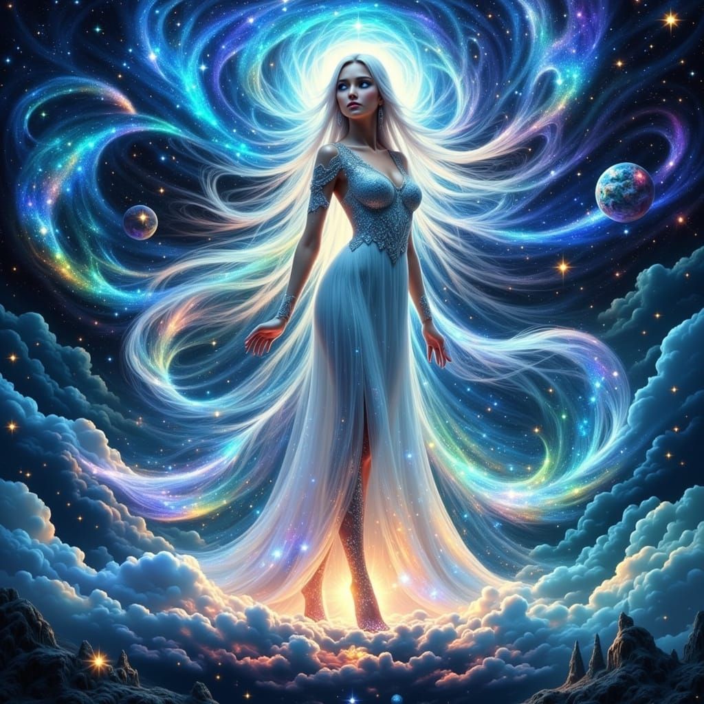 Imagine a celestial woman with long, flowing silver hair and eyes like distant galaxies ...